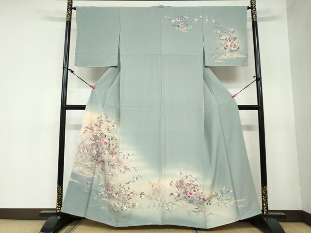 平和屋着物●訪問着　流水御所車草花文　暈し染め　銀彩　正絹　逸品　未使用　DAAZ7353ud