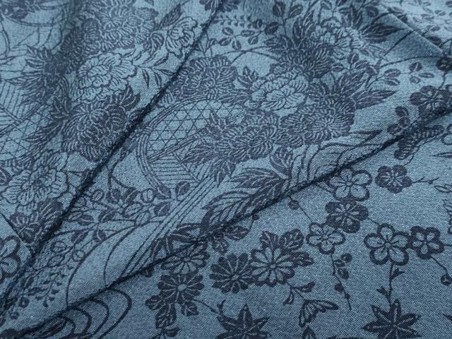 平和屋着物●上質な小紋　藍　型染め　流水草花籬文　鬼しぼ縮緬　正絹　逸品　未使用　DAAZ7369ud
