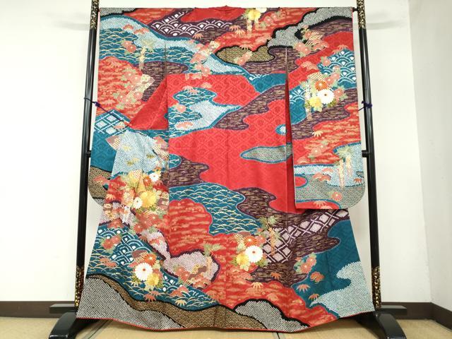 平和屋着物●豪華振袖　駒刺繍　扇面草花文　金彩　正絹　逸品　DAAZ7380ud