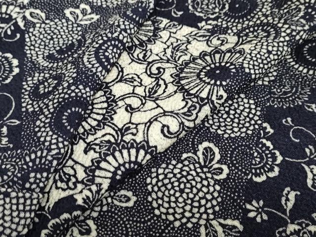 平和屋着物●上質な小紋　型染め　切嵌更紗花唐草文　鬼しぼ縮緬　正絹　逸品　DAAZ7382ud