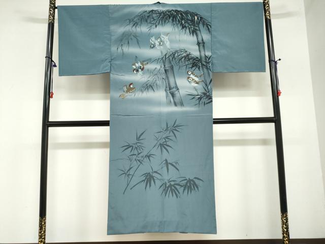 平和屋着物●男性　長襦袢　無双仕立て　手描き　笹竹文　雀　金彩　洗える着物　DAAZ7443ud