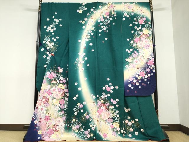 平和屋着物●豪華振袖　雪輪草花文　暈し染め　金彩　京都きもの友禅扱い　ロング丈　正絹　逸品　DAAZ7452ud