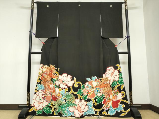 平和屋着物●セミアンティーク　大正ロマン　黒留袖　舞花文　唐獅子　金彩　ロング丈　正絹　逸品　DAAZ7463ud