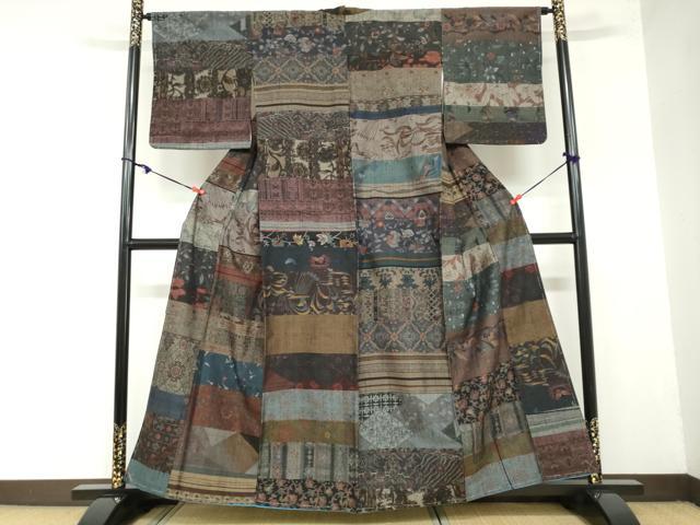 平和屋着物●小千谷紬　横段草花文　百柄　正絹　逸品　未使用　DAAZ7515ud