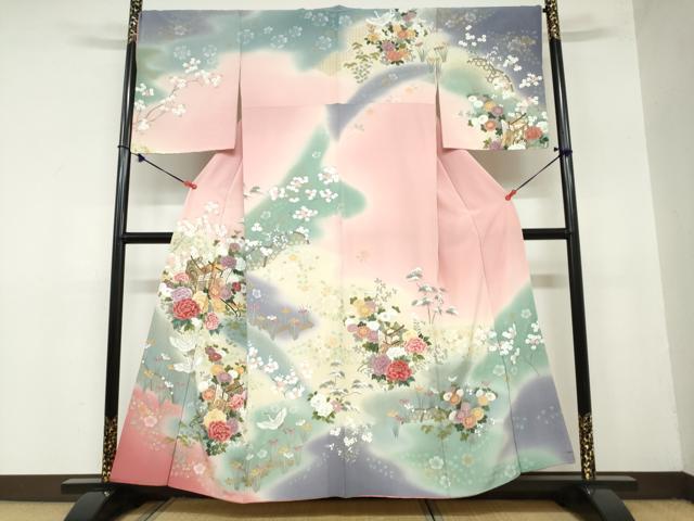 平和屋着物●訪問着　刺繍　御所車飛鶴草花文　暈し染め　金彩　正絹　逸品　DAAZ7549ud