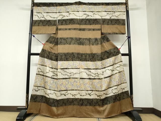 平和屋着物●訪問着　絞り　横段草花文　金彩　正絹　逸品　DAAZ7584ud