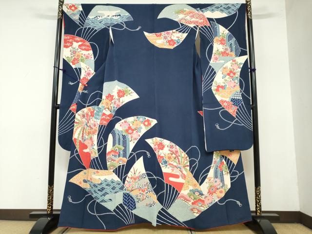 平和屋着物●和染紅型　栗山紅型　栗山吉三郎　振袖　扇面花鳥文　鬼しぼ縮緬　鈴乃屋扱い　正絹　逸品　DAAZ7602ud