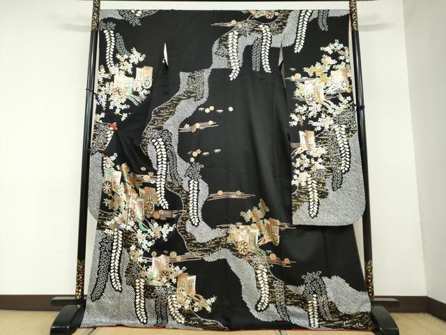 平和屋着物●豪華振袖　絞り　御所車草花文　黒地　金彩　ロング丈　正絹　逸品　DAAZ7662ud