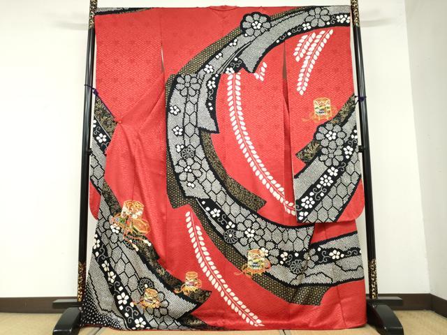 平和屋着物●豪華振袖　駒刺繍　絞り　貝桶草花文　金彩　正絹　逸品　DAAZ7672ud