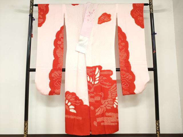 平和屋着物●振袖用長襦袢　袷　絞り　エ霞飛鶴文　半衿刺繍　正絹　逸品　DAAZ7677ud