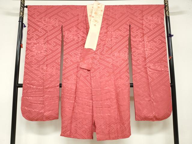 平和屋着物●振袖用長襦袢　袷　草花地紋　銀朱色　半衿刺繍　正絹　逸品　DAAZ7680ud