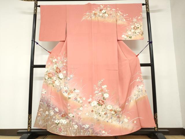 平和屋着物●訪問着　駒刺繍　草花文　金彩　正絹　逸品　DAAZ7686ud