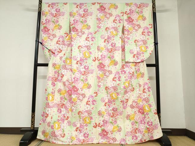 平和屋着物●H・L（アッシュエル）　HENRI-LUC CHAPUIS　小振袖　二尺袖　熨斗草花文　金彩　洗える着物　未使用　DAAZ7689ud