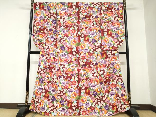 平和屋着物●小振袖　二尺袖　草花文　金彩　洗える着物　DAAZ7695ud