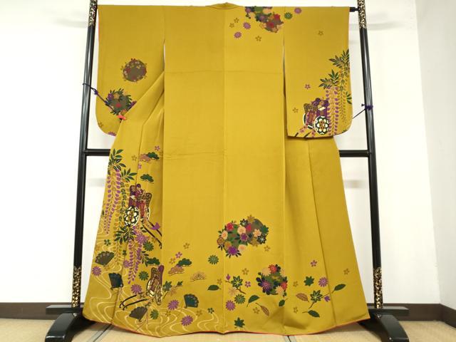 平和屋着物●小振袖　二尺袖　流水御所車草花文　金彩　正絹　逸品　DAAZ7697ud