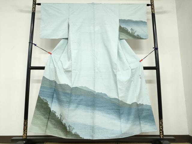 平和屋着物●紅花紬　米沢　新田秀次　訪問着　紬地　遠山風景文　正絹　逸品　DAAZ7700ud