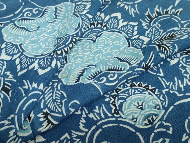 平和屋着物●上質な小紋　藍　型染め　更紗花唐草文　胴抜き仕立て　お召縮緬　正絹　逸品　DAAZ7745ud