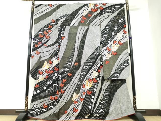 平和屋着物●豪華振袖　駒刺繍　絞り　舞蝶文　黒地　金銀彩　正絹　逸品　DAAZ7752ud