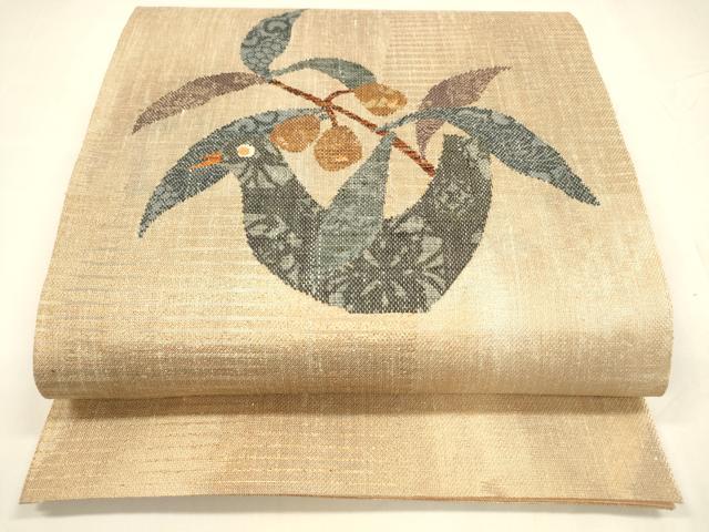 平和屋着物▽スリーシーズン　春夏秋　太鼓柄袋帯　紬地　南天飛鳥文　金糸　引箔　正絹　逸品　DABA0008cm