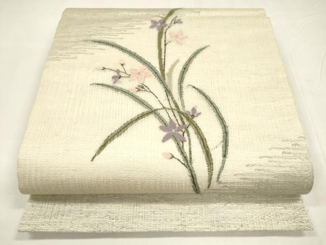 平和屋着物＊夏物　太鼓柄袋帯　草花文　銀糸　正絹　逸品　DABA0013cm