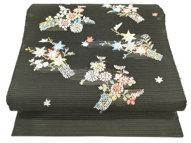 平和屋着物＊夏物　絽綴れ　八寸名古屋帯　総刺繍　草花文　黒地　金銀糸　正絹　逸品　DABA0016cm