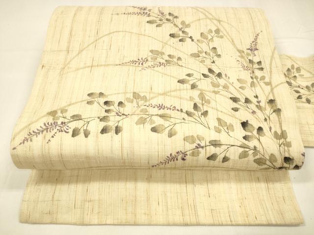 平和屋着物＊夏物　九寸名古屋帯　手描き　草葉文　麻　逸品　DABA0022cm
