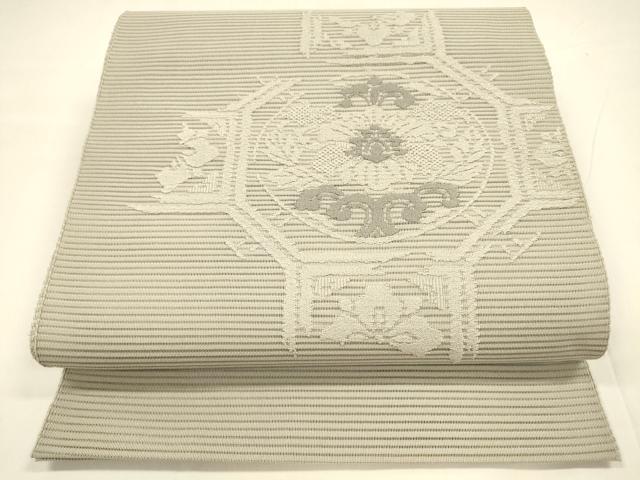 平和屋着物＊夏物　絽綴れ　八寸名古屋帯　総刺繍　蜀江花文　絹鼠色　正絹　逸品　DABA0048cm