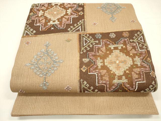 平和屋着物＊夏物　太鼓柄袋帯　総刺繍　抽象文様　金糸　三越扱い　正絹　逸品　DABA0084cm