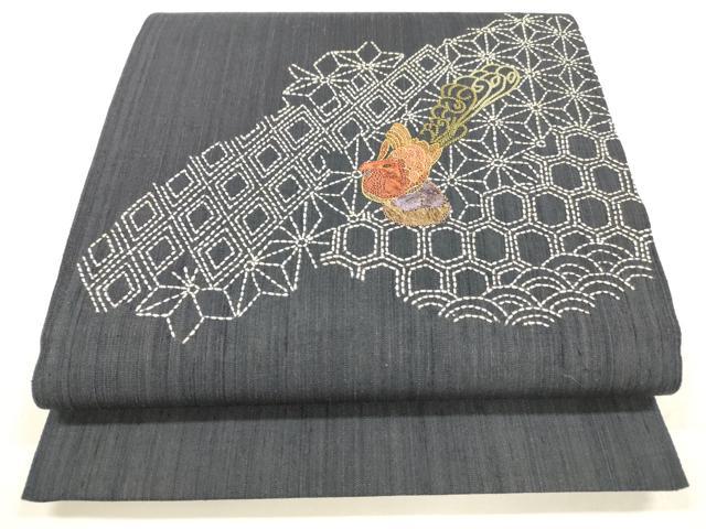 平和屋着物▽スリーシーズン 春夏秋 中国三大刺繍 相良刺繍 総刺繍 太鼓柄袋帯 紬地 刺し子 尾長鳥麻の葉文 金糸 正絹 逸品 DABA0087cm