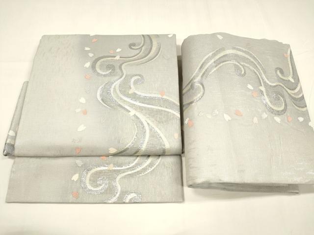 平和屋着物＊夏物　つけ帯　流水花文　銀糸　正絹　逸品　DABA0089cm