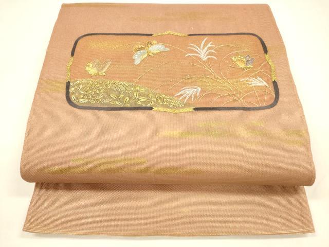 平和屋着物＊夏物　太鼓柄袋帯　刺繍　舞蝶草葉文　金糸　引箔　正絹　逸品　DABA0098cm