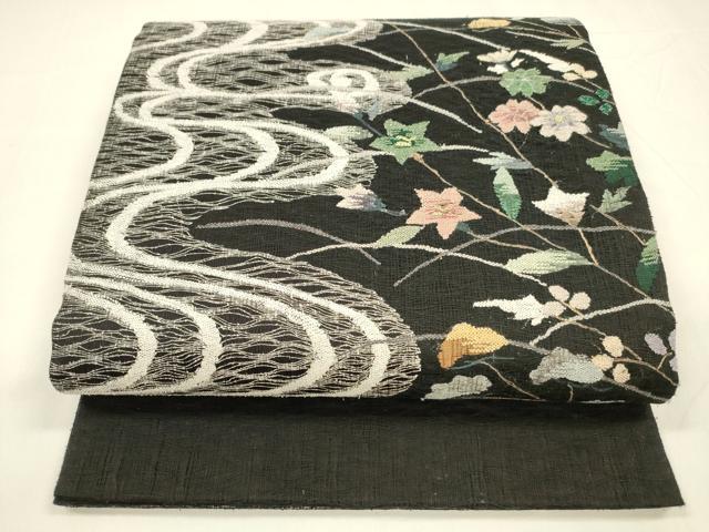 平和屋着物▽スリーシーズン　春夏秋　太鼓柄袋帯　すくい織　流水草花文　黒地　金銀糸　正絹　逸品　DABA0099cm