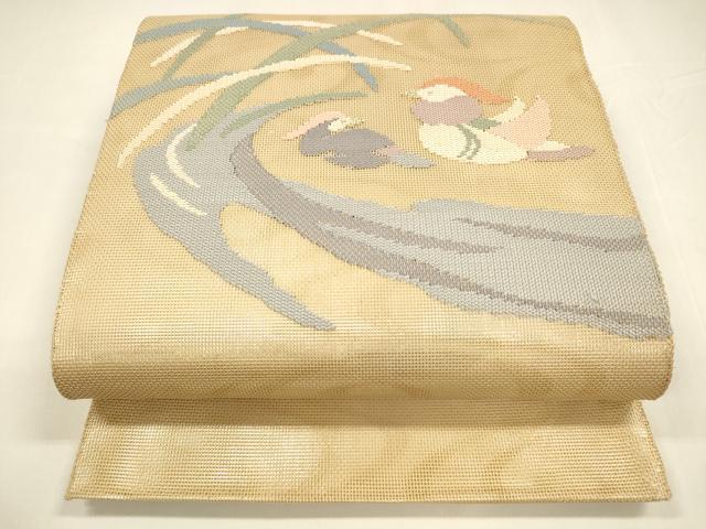 平和屋着物＊夏物　太鼓柄袋帯　流水鴛鴦草葉文　金糸　正絹　逸品　DABA0103cm