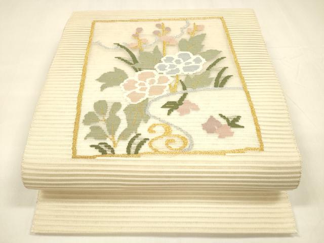 平和屋着物＊夏物　絽綴れ　八寸名古屋帯　流水草花文　金銀糸　正絹　逸品　DABA0112cm