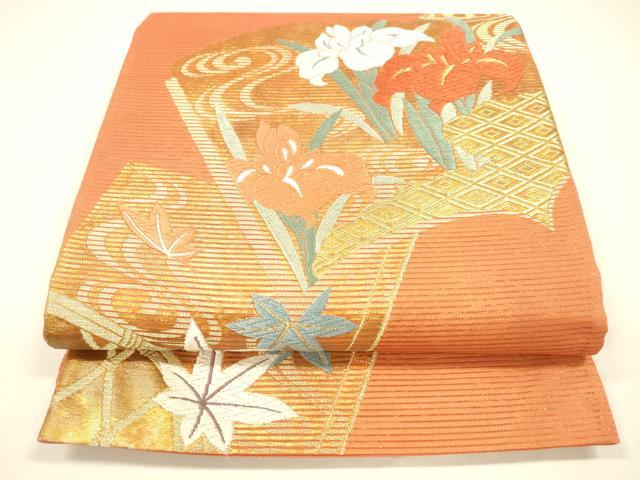 平和屋着物＊夏物　六通柄袋帯　唐織　籬竜田川　杜若　金糸　正絹　逸品　DABA0117cm