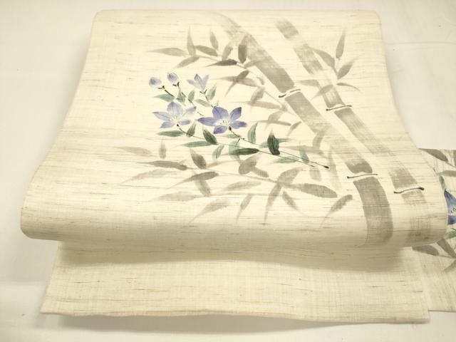 平和屋着物＊夏物　九寸名古屋帯　手描き　笹竹草花文　麻　逸品　DABA0125cm