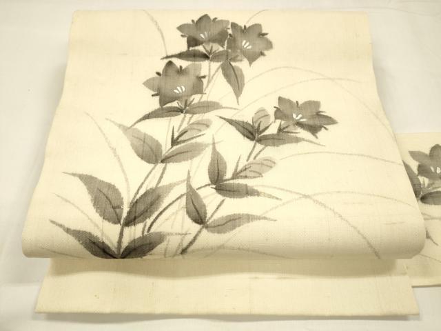 平和屋着物＊夏物　絹芭蕉　九寸名古屋帯　手描き　草花文　正絹　逸品　DABA0132cm