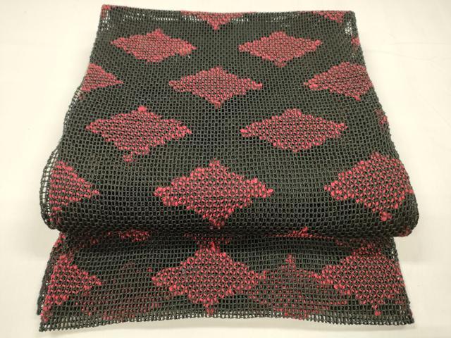 平和屋着物＊夏物　八寸名古屋帯　菱文　黒地　正絹　逸品　DABA0140cm