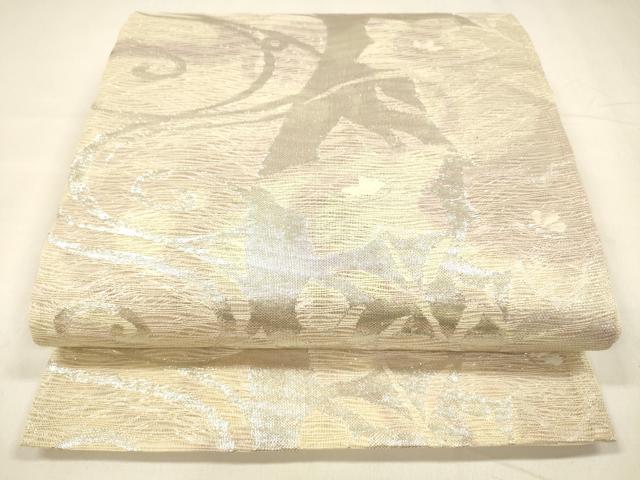平和屋着物＊夏物　六通柄袋帯　流水枝花文　銀糸　正絹　逸品　DABA0155cm