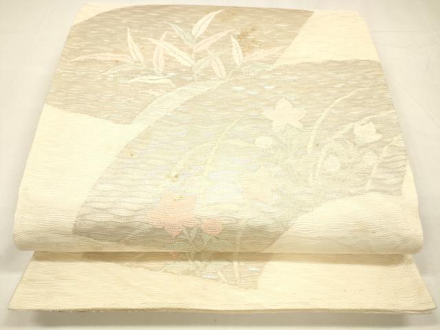 平和屋着物＊夏物　六通柄袋帯　地紙草花文　金銀糸　正絹　逸品　DABA0156cm