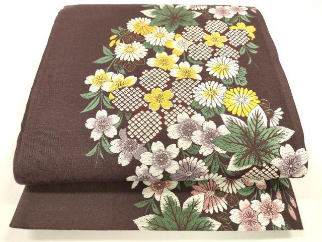 平和屋着物●両面　全通柄袋帯　唐織　風通織　鹿の子草花文　間道　正絹　逸品　DABA0168cm