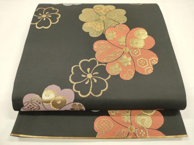 平和屋着物●西陣　新装織物謹製　六通柄袋帯　吉祥舞花文　黒地　金糸　証紙付き　正絹　逸品　DABA0173cm