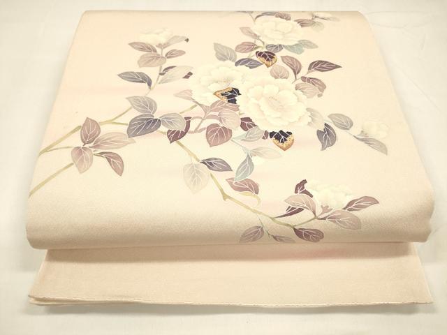 平和屋着物●太鼓柄袋帯　作家物　枝花文　銀通し地　正絹　逸品　DABA0178cm