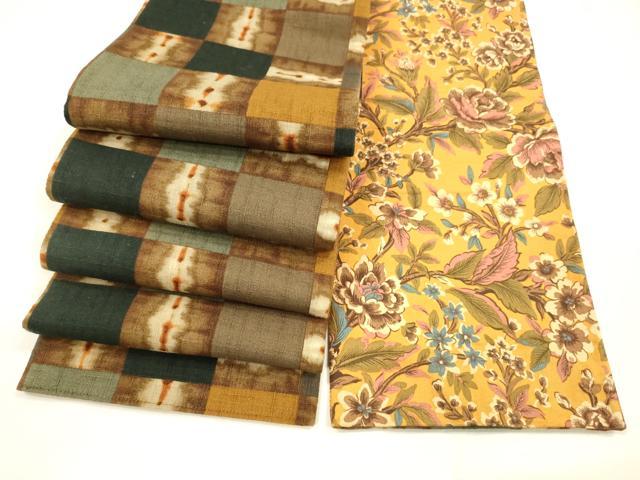 平和屋着物●両面　半幅帯　市松抽象文　草花文　バティック柄　綿　逸品　DABA0179cm