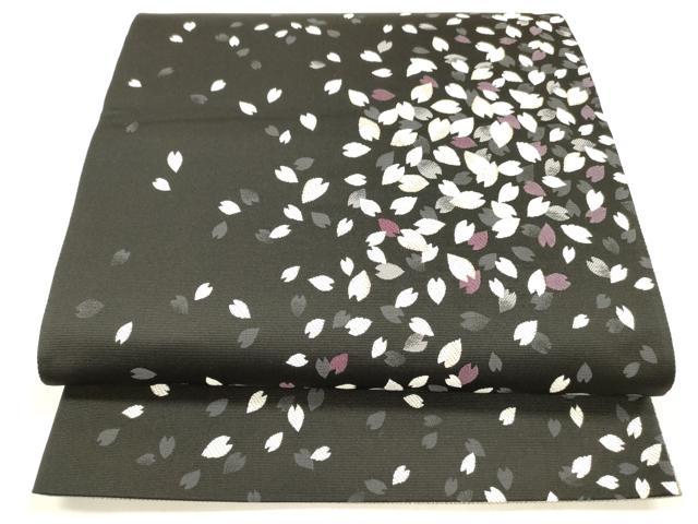 平和屋着物●両面　六通柄袋帯　唐織　舞桜文　横段花文　黒地　金銀糸　正絹　逸品　DABA0182cm