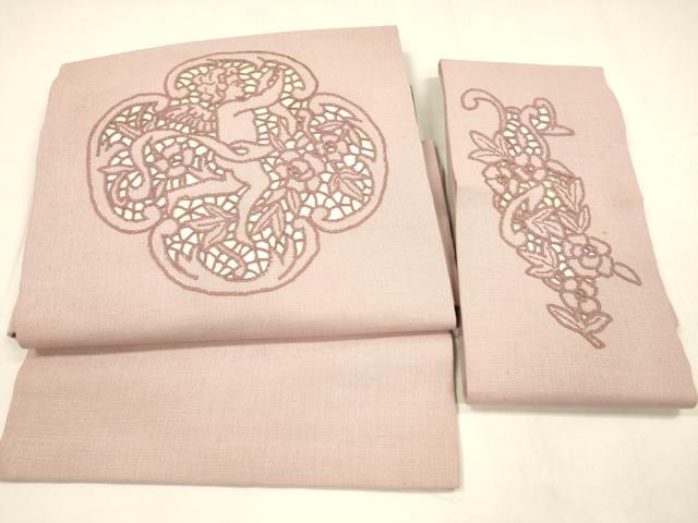 平和屋着物●つけ帯　紬地　総刺繍　草花文　天使　正絹　逸品　DABA0184cm