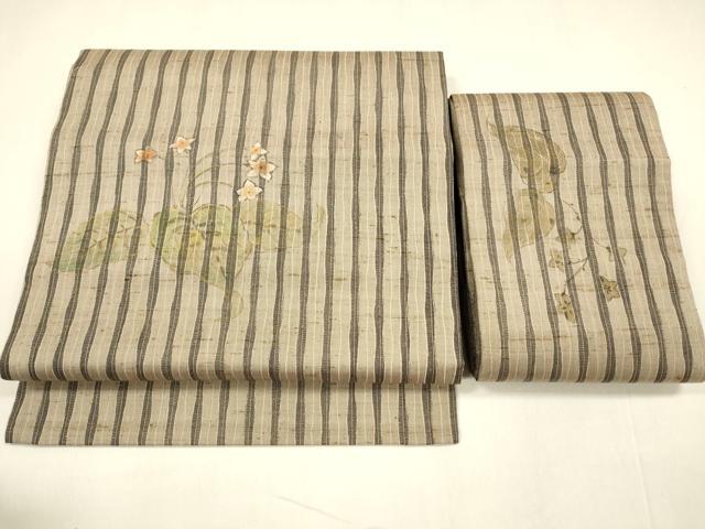 平和屋着物●つけ帯　ぜんまい紬　手描き　草花文　正絹　逸品　DABA0185cm