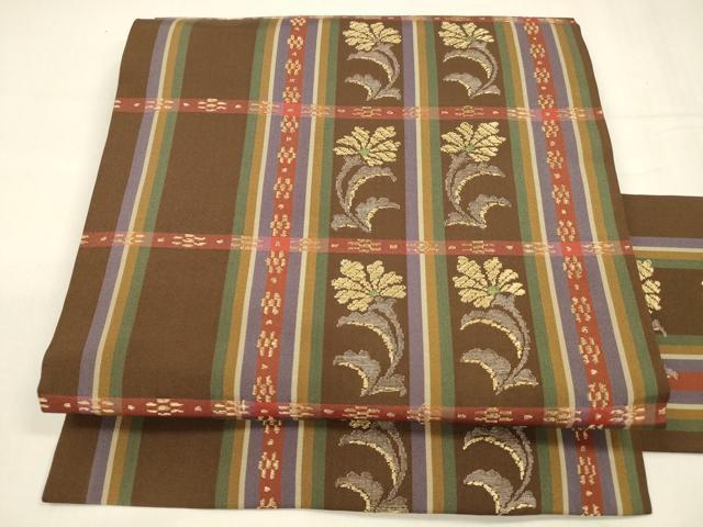 平和屋着物●九寸名古屋帯　格子草花文　金銀糸　正絹　逸品　DABA0202cm