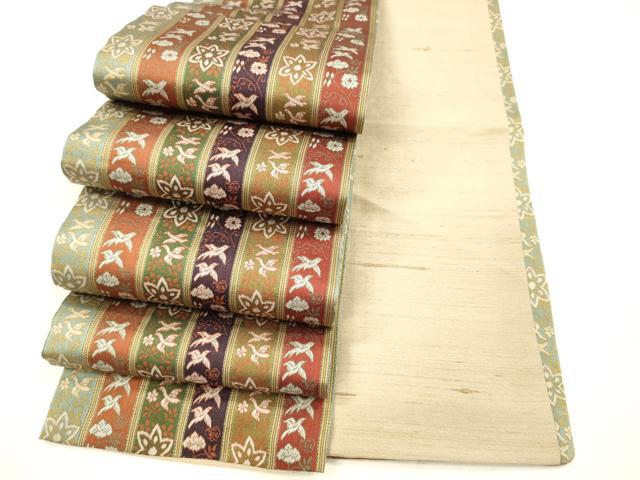 平和屋着物●半幅帯　唐花雙鳥長斑錦　銀糸　正絹　逸品　DABA0206cm