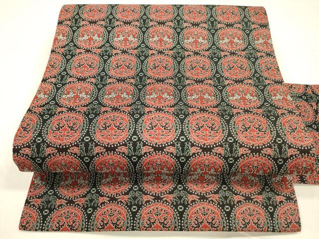 平和屋着物●全通柄九寸名古屋帯　円文白虎朱雀錦　正絹　逸品　DABA0216cm